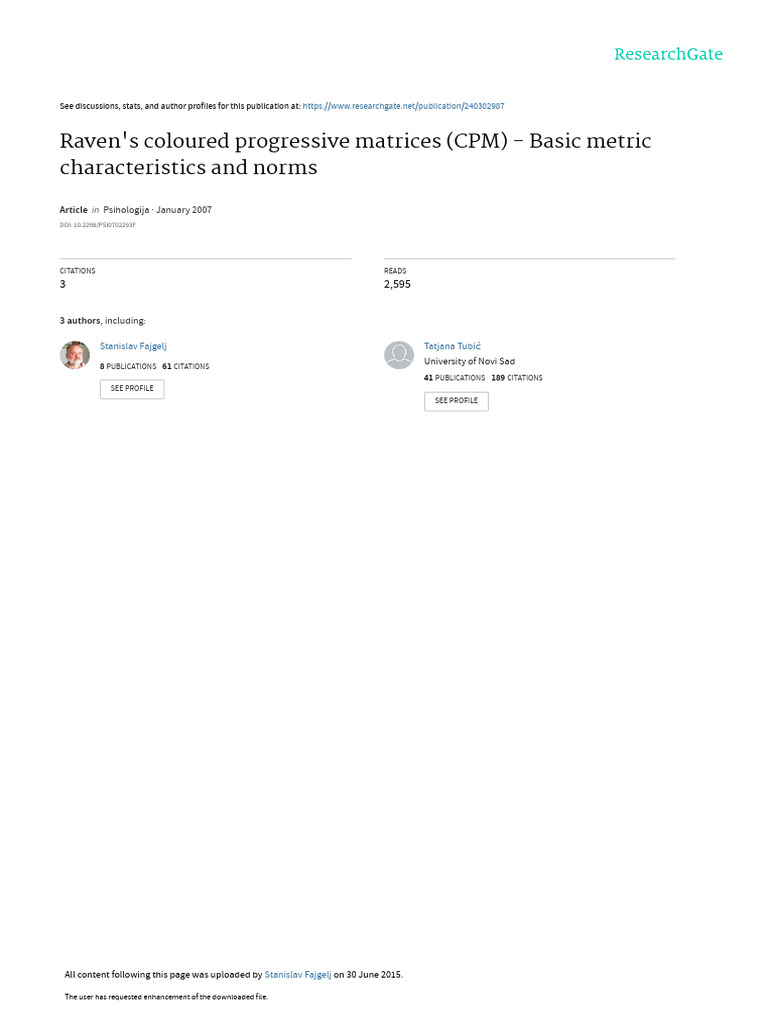 Ravens Coloured Progressive Matrices CPM - Basic | PDF