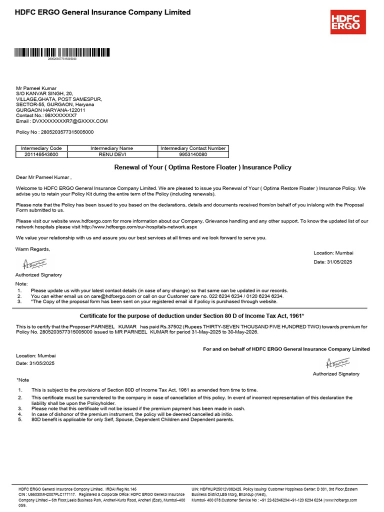 Renewal of Your (Optima Restore Floater) Insurance Policy | PDF ...
