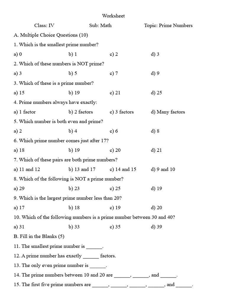 Grade 4 Prime Numbers Worksheet | PDF