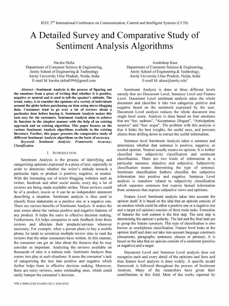 A Detailed Survey and Comparative Study of Sentiment Analysis Algorithms | PDF | Statistical ...