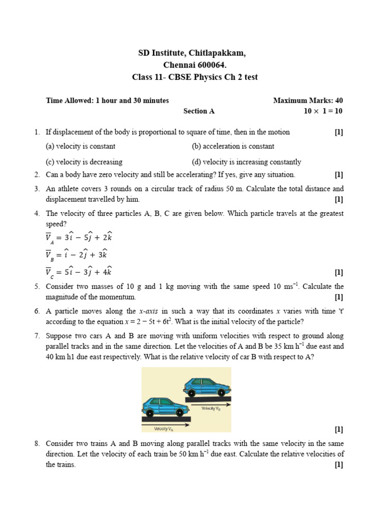 Class 11 CBSE Physics Test on Motion | PDF | Velocity | Acceleration