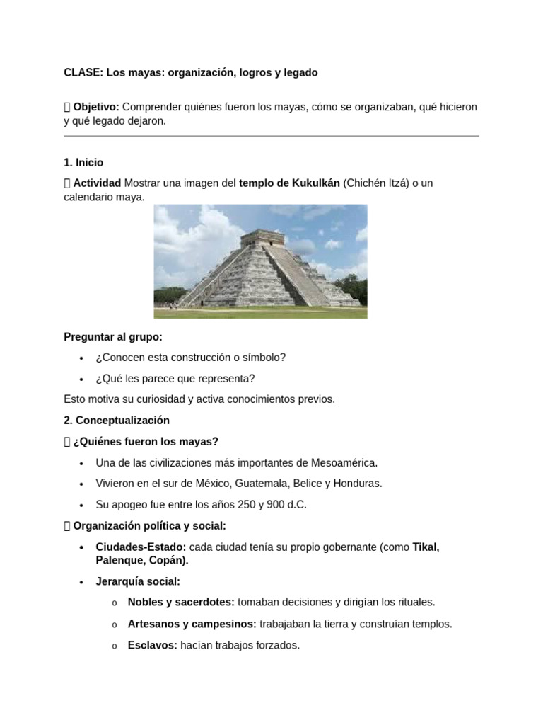 Los Mayas, Organ, Logros y Legados. Clase | PDF | Civilización maya ...