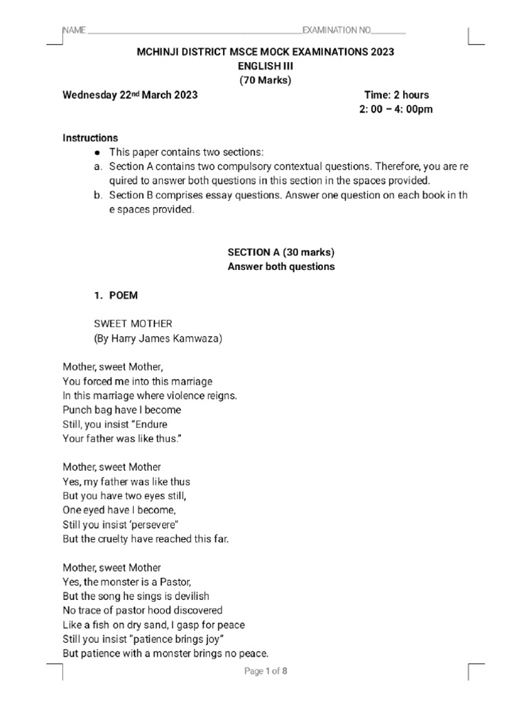 2023 Msce Mock Eng III Phoenix | PDF