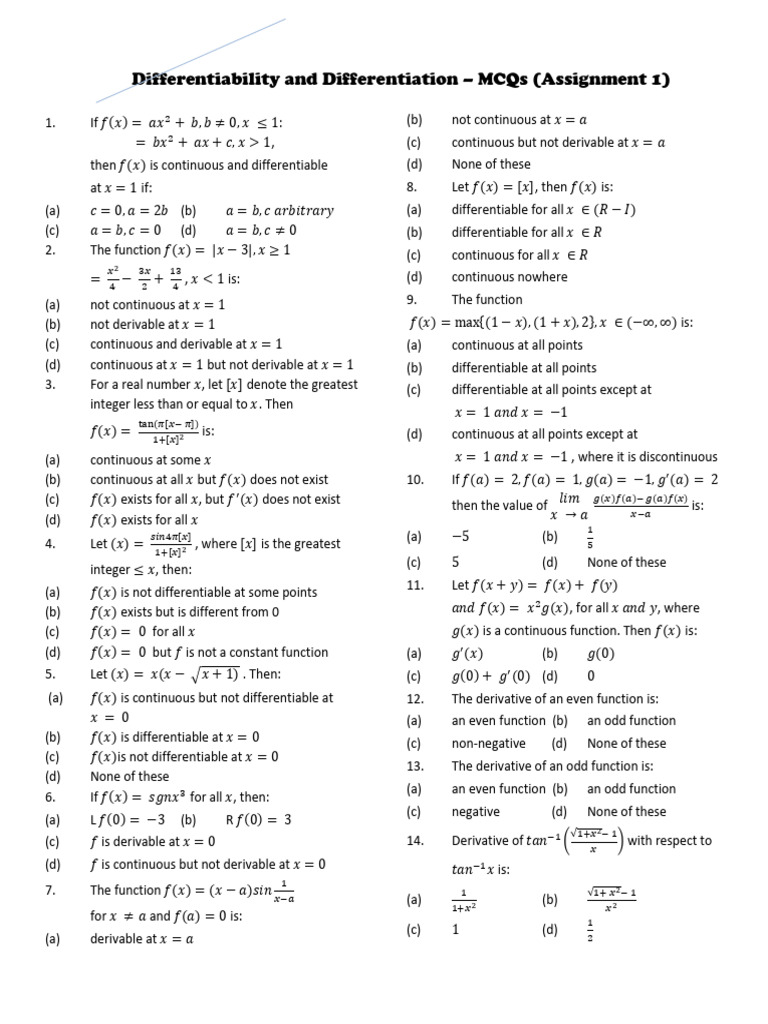 Assignment 1 - Differentiability and Differentiation | PDF
