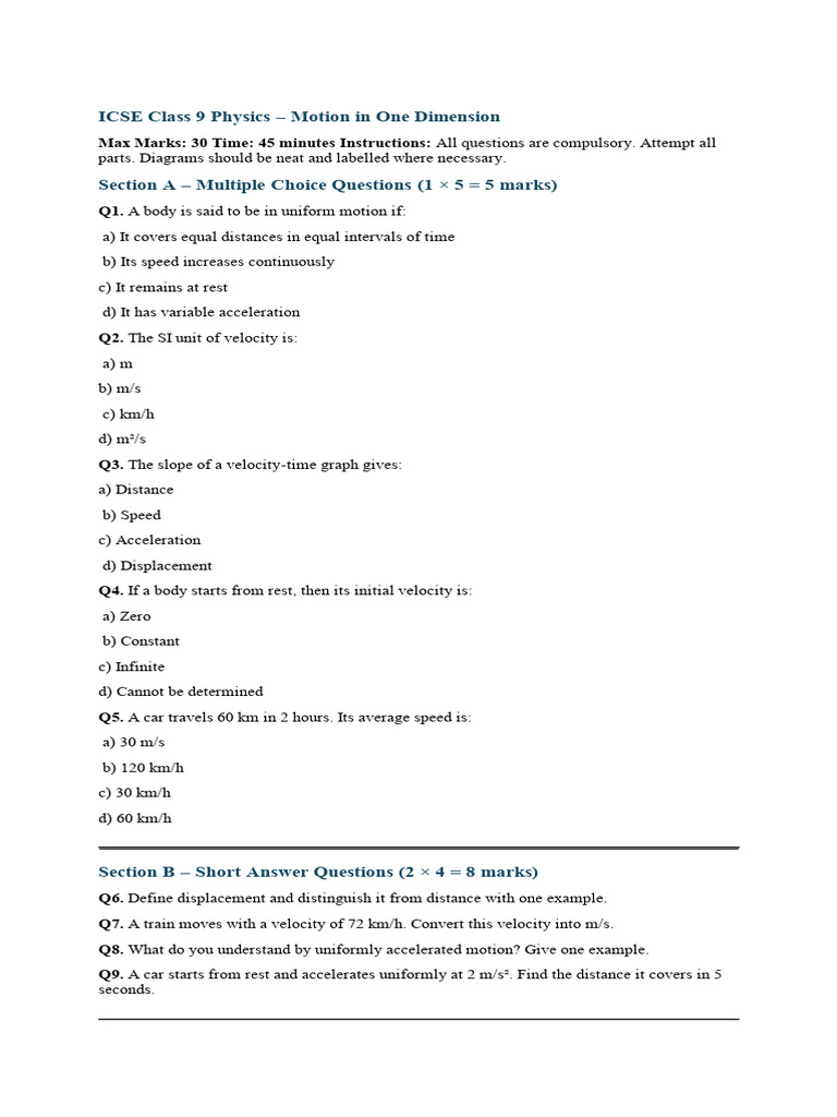 Grade 10 Motion in One Dimension Quiz | PDF | Acceleration | Speed