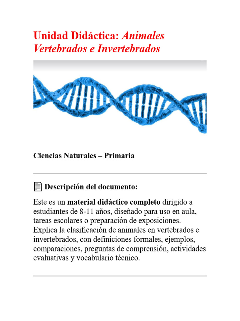 Unidad Didáctica Animales Vertebrados e Invertebrados | PDF ...