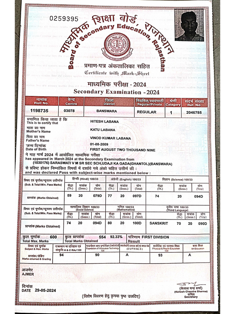 10th Marksheet 2024 | PDF