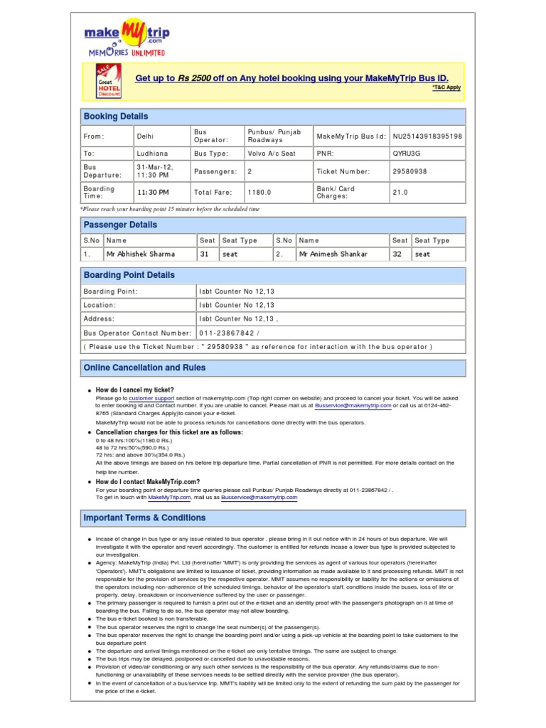 MMT Bus E-Ticket Nu 25143918395198 Delhi-Ludhiana | PDF | Business ...