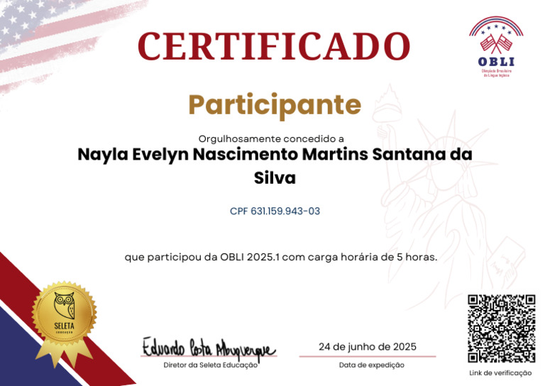 Certificado OBLI 2025.1 - Nayla Santana | PDF