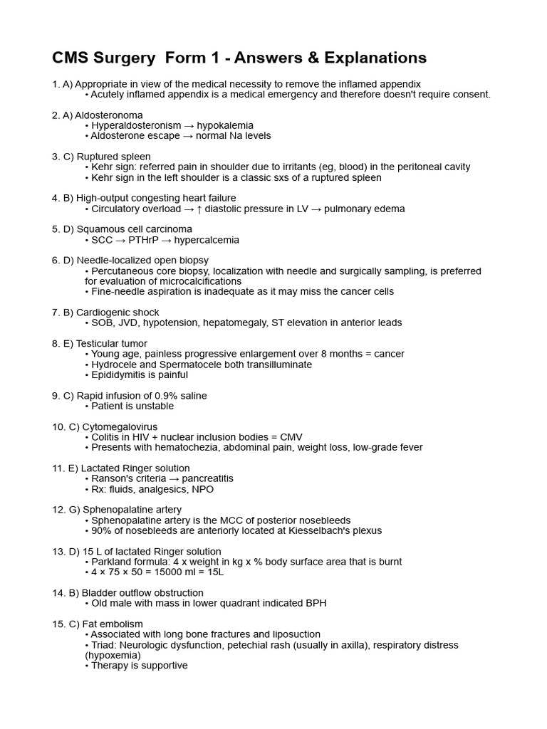 CMS Surgery Form 1 - Answers & Explanations | PDF | Ovarian Cancer ...