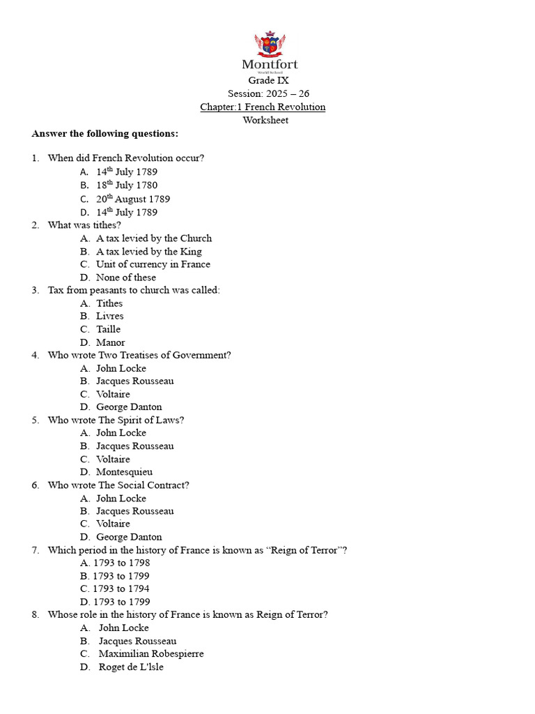 French Revolution. Worksheet | PDF | French Revolution | Reign Of Terror