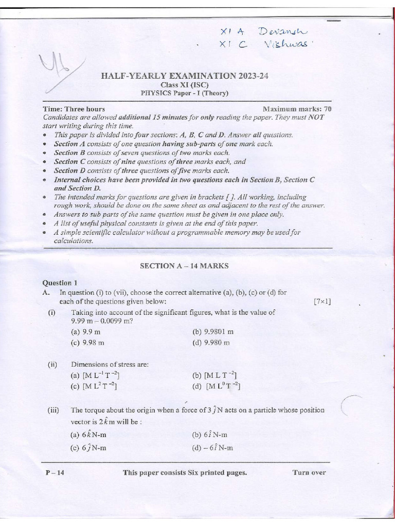 Physice Half Yearly 2023-24 | PDF