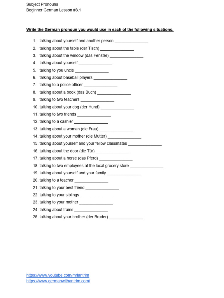 German Subject Pronouns Practice | PDF