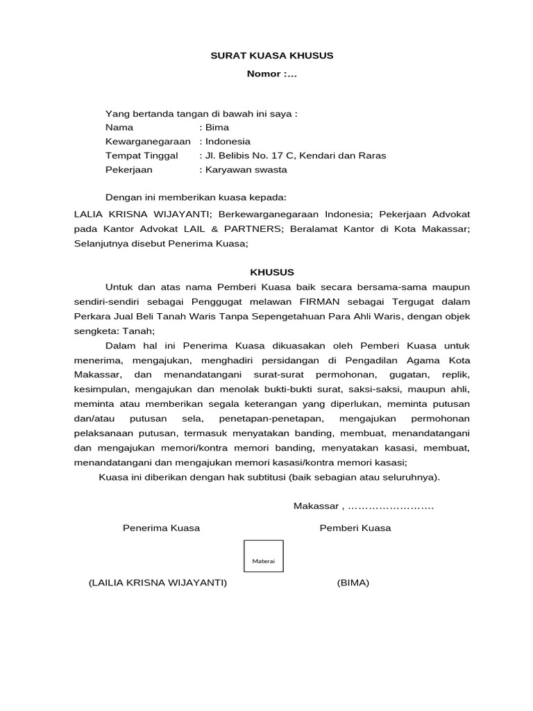 Surat Kuasa Khusus Lailia Krisna Wijayanti | PDF