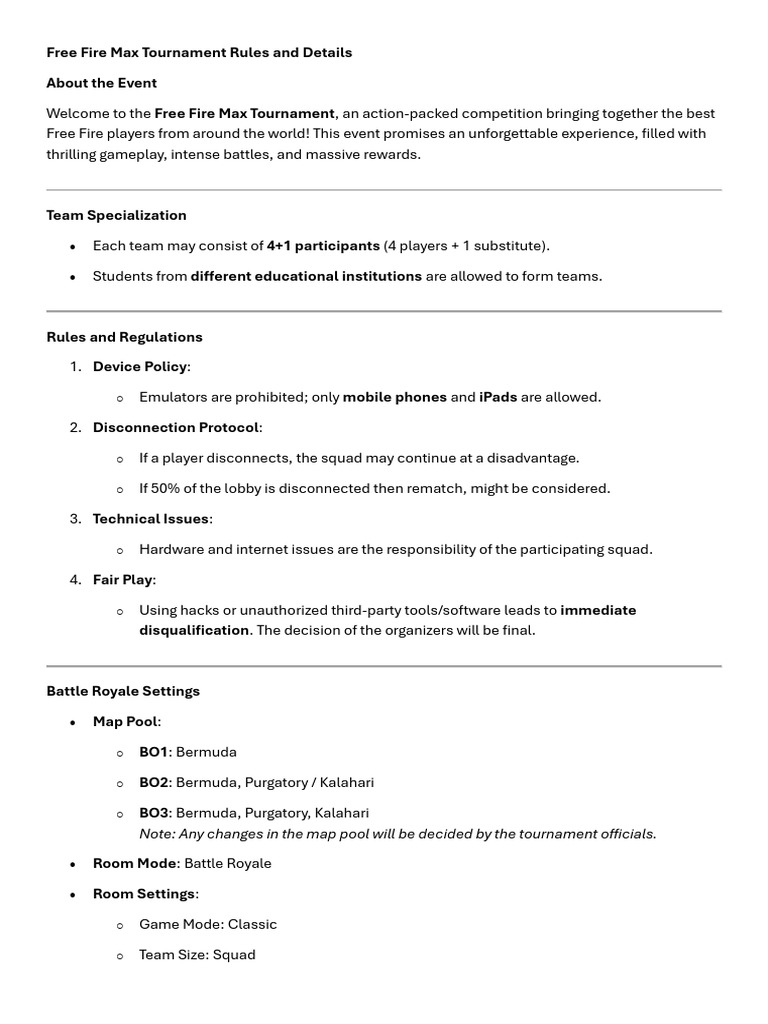 Free Fire Max Tournament Rules and Details | PDF
