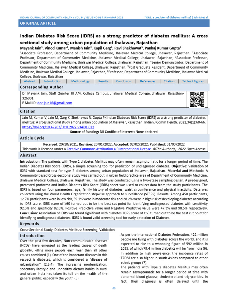 (PDF) Indian Diabetes Risk Score (IDRS) As A Strong Predictor of ...