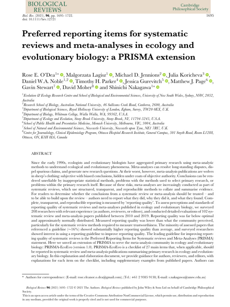 Biological Reviews - 2021 - O Dea - Preferred Reporting Items For ...