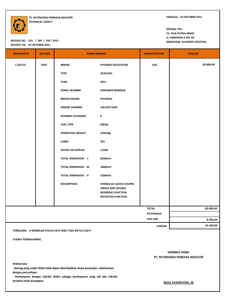 Invoice Pembelian Excavator Hyundai | PDF