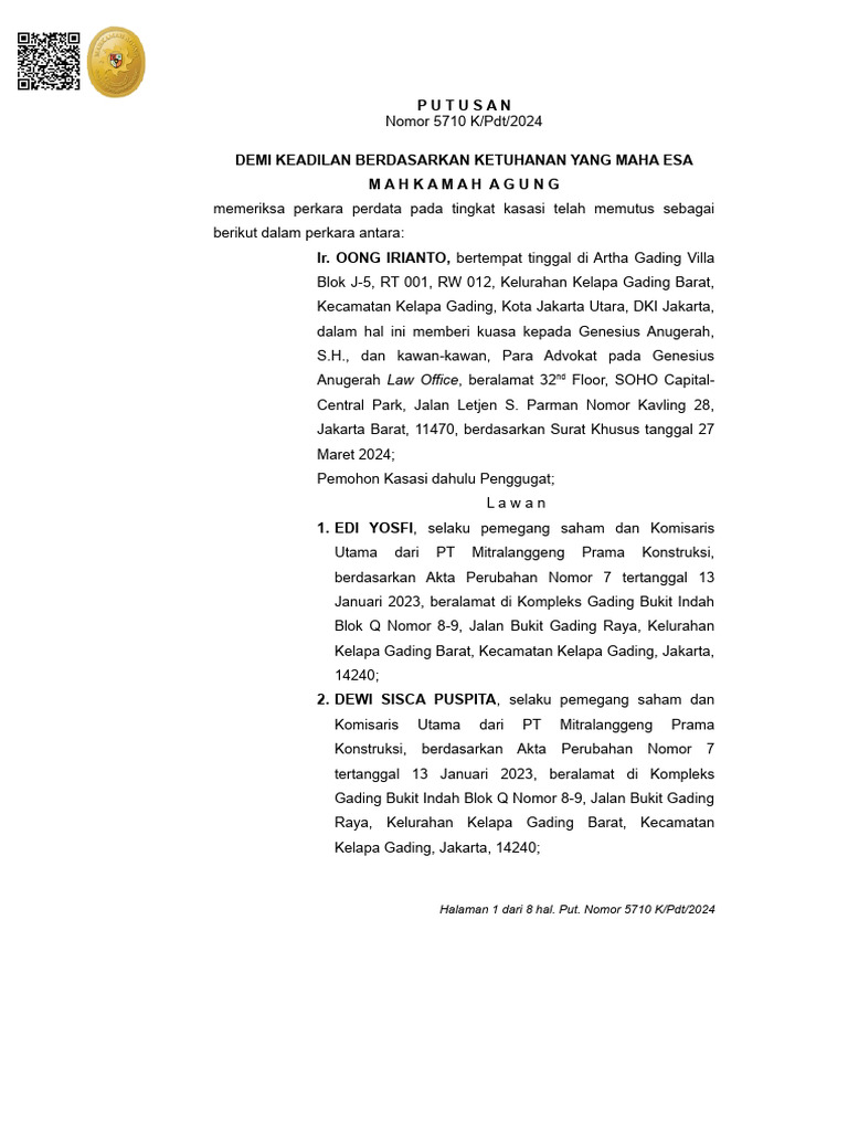 Putusan Kasasi Oong Irianto vs. PT Mitralanggeng | PDF