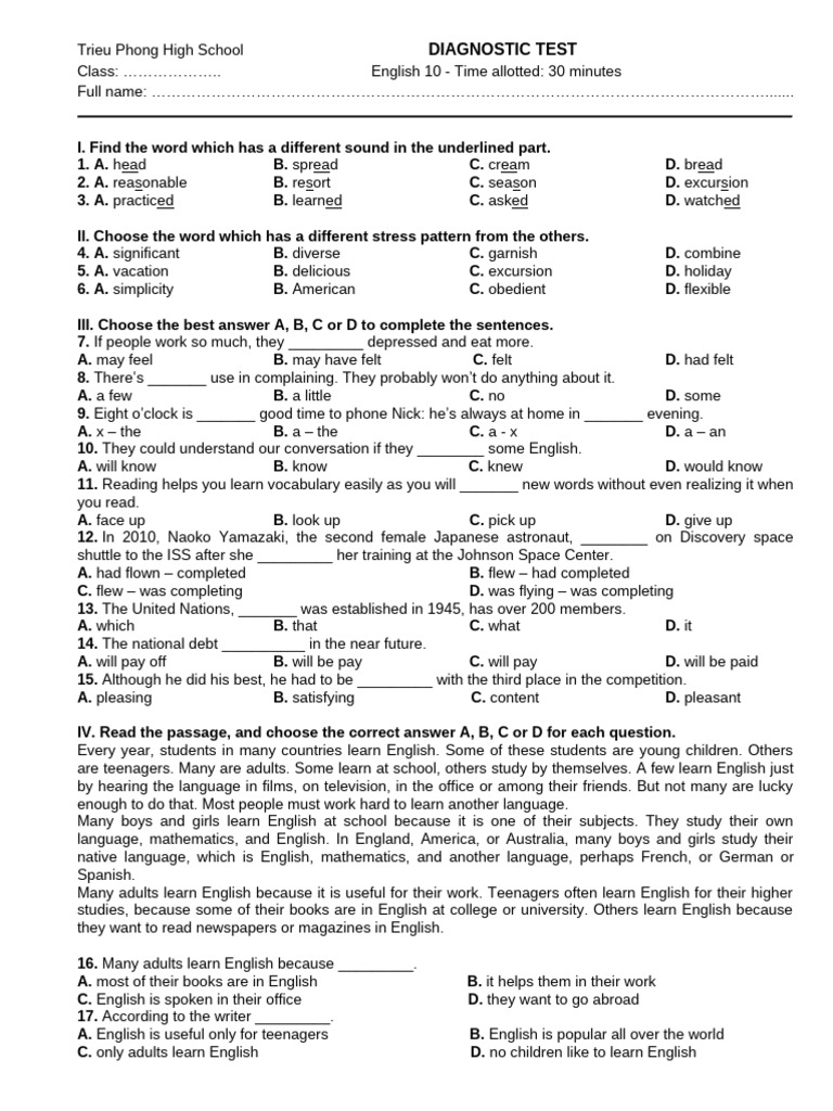 English 10 Diagnostic Test Guide | PDF | English Language | Foreign ...