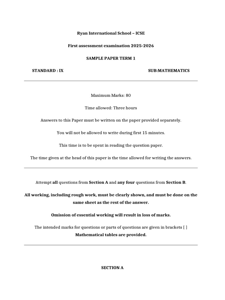 Ryan International School IX Math Sample Paper | PDF | Elementary ...