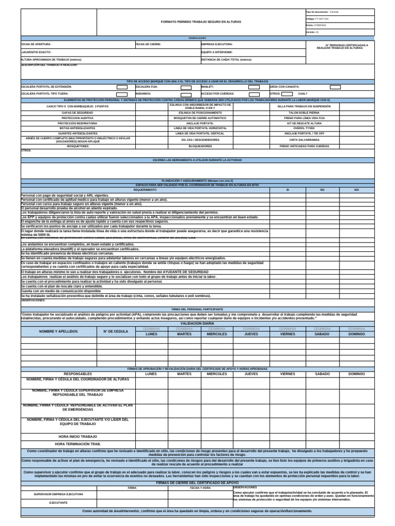 FT-SST-010 Formato Permiso Trabajo en Alturas | PDF