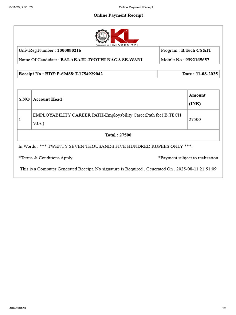 Online Payment Receipt | PDF