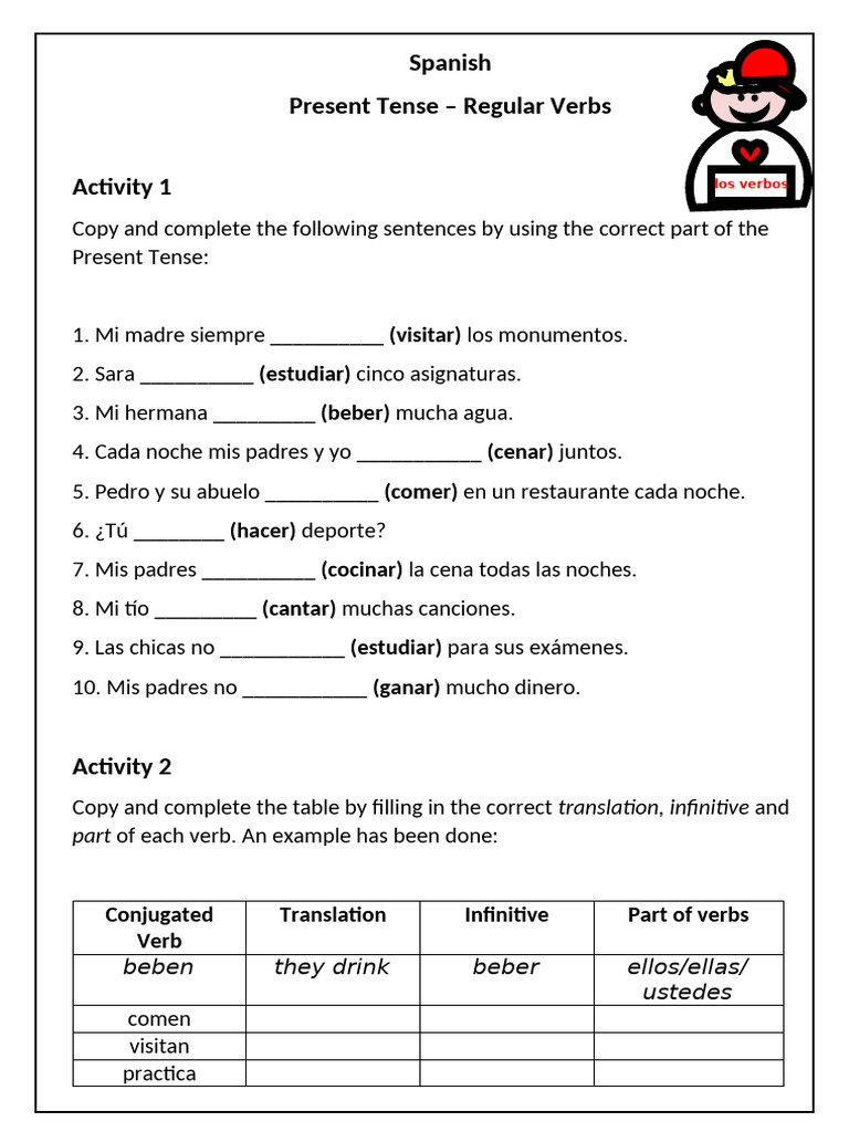 Spanish - Present Tense Worksheet 2 - Regular Verbs | PDF