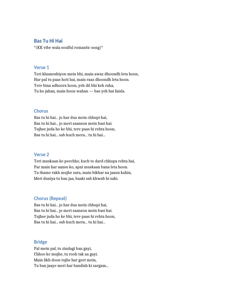 Soulful Romantic Song: Bas Tu Hi Hai | PDF