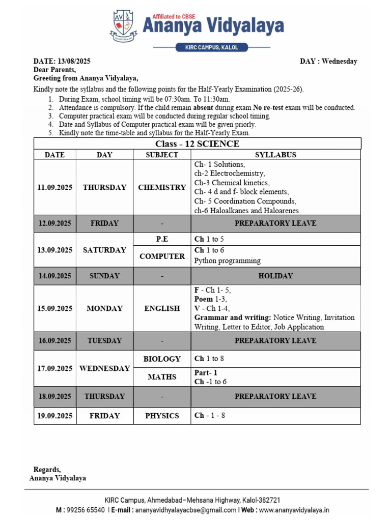 STD - 12 (Sci) Half Yearly Syllabus | PDF