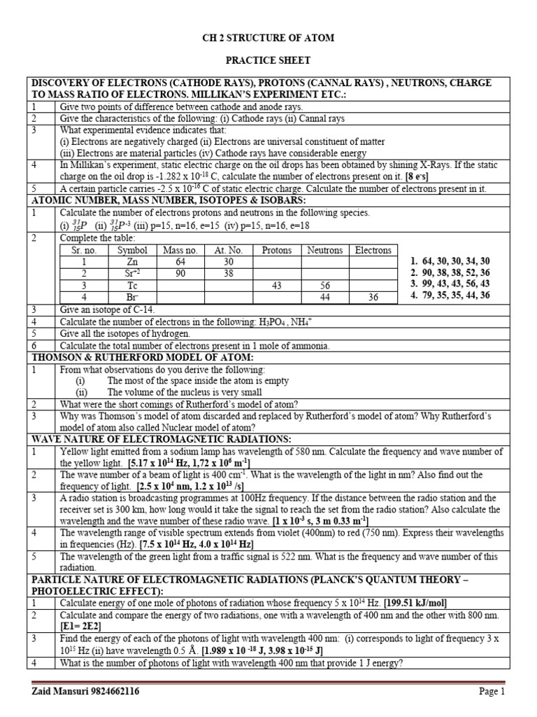 Structure of Atom Practice Sheet | PDF | Atoms | Electron Configuration