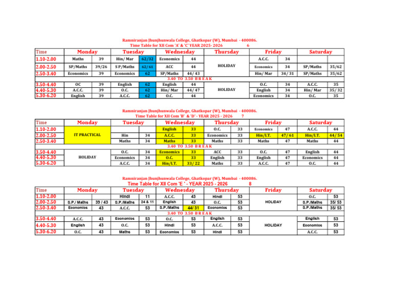 2025-2026 XII Com Timetable Overview | PDF