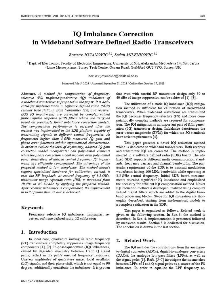 IQ Imbalance Correction in Wideband Software Defined Radio Transceivers | PDF | Software Defined ...