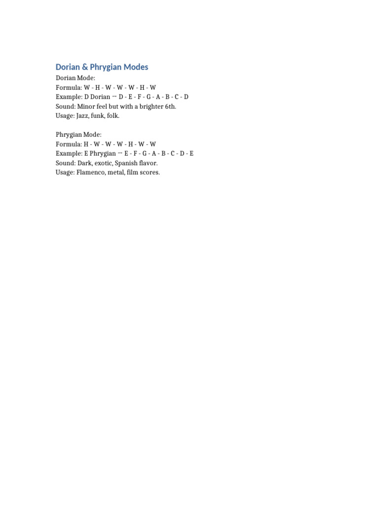 Music Theory 3 Dorian and Phrygian Modes | PDF
