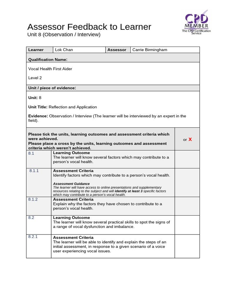 Unit 8 Assessor Feedback To Learner - LC | PDF | Learning | Human Voice