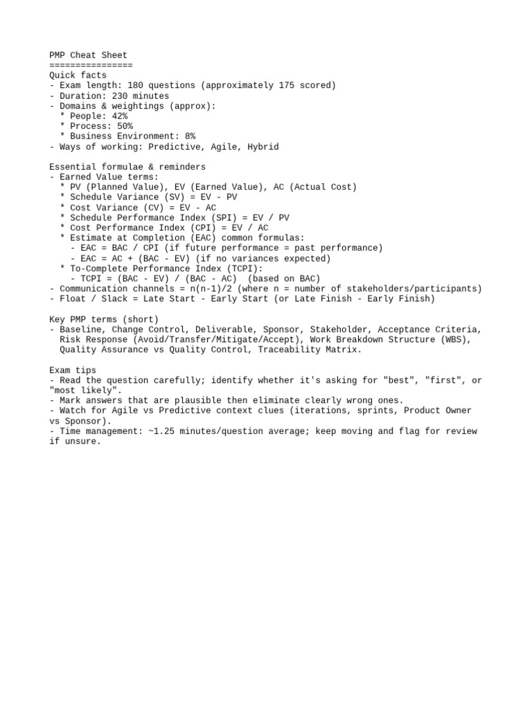 PMP Cheat Sheet | PDF