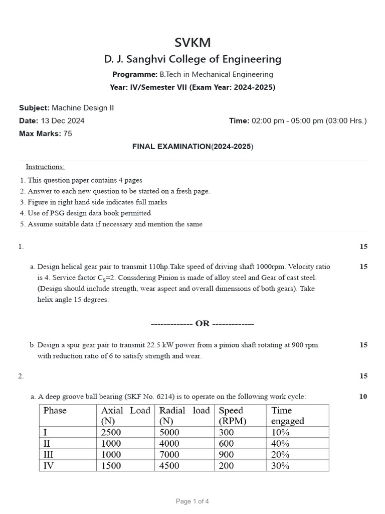 QP Final-Exam Machine Design II (DJ19MEC701) Semester VII 2024-2025 | PDF | Gear | Lever