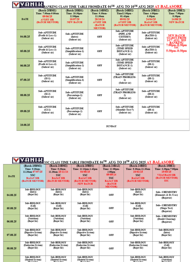 Banking and SSC Class Schedule 2025 | PDF | Organ (Anatomy) | Anatomy