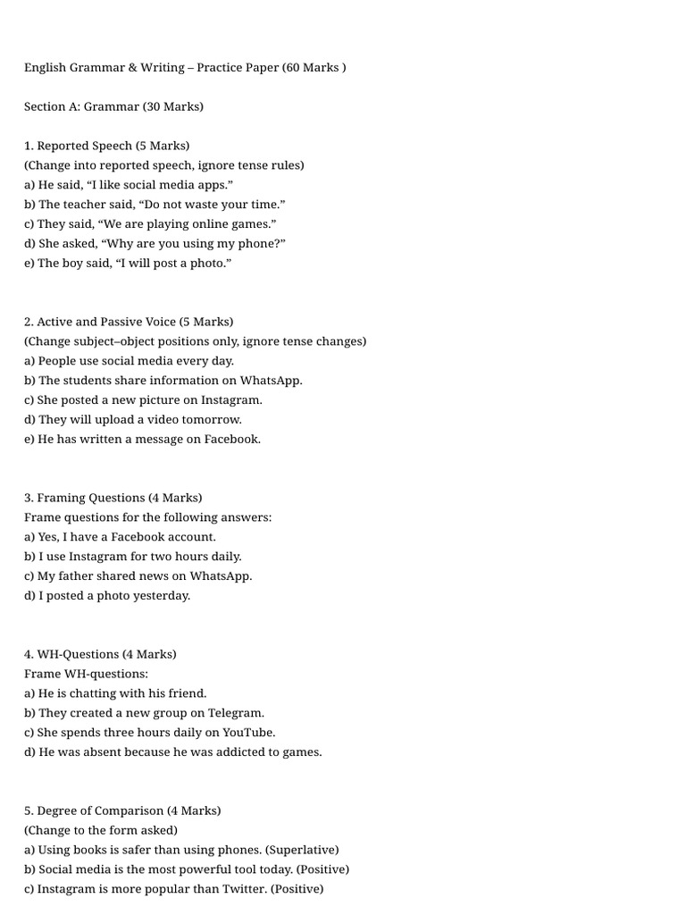 English Grammar Practice Paper Guide | PDF
