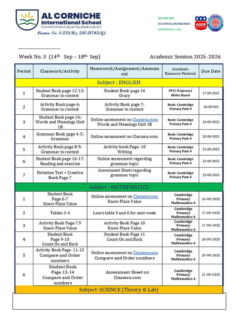 Weekly Agenda Grade 4 2025-2026 | PDF | Books | Learning