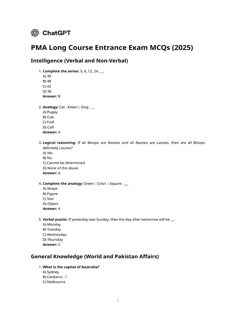 PMA Long Course Exam MCQs 2025 | PDF | Pakistan | Islamabad