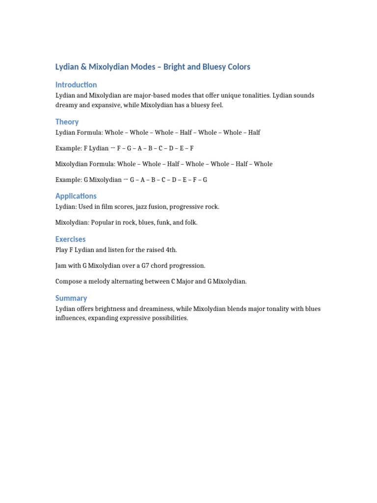 Lydian vs Mixolydian Modes Explained | PDF