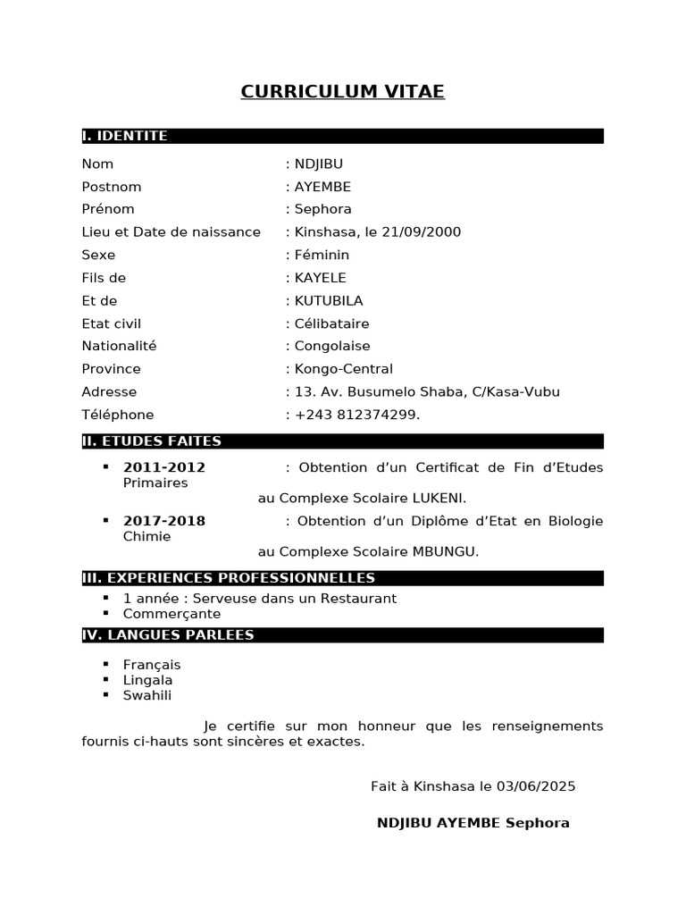 CV de Sephora Ndjibu Ayembe | PDF