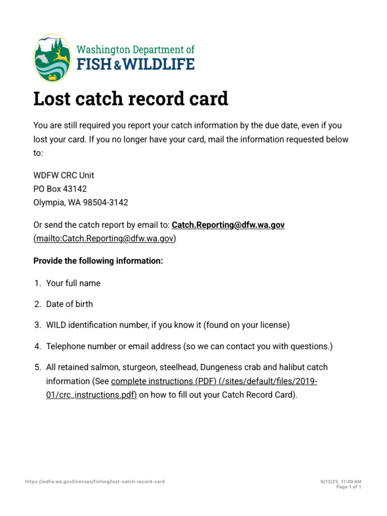 Lost Catch Record Card - Washington Department of Fish & Wildlife | PDF