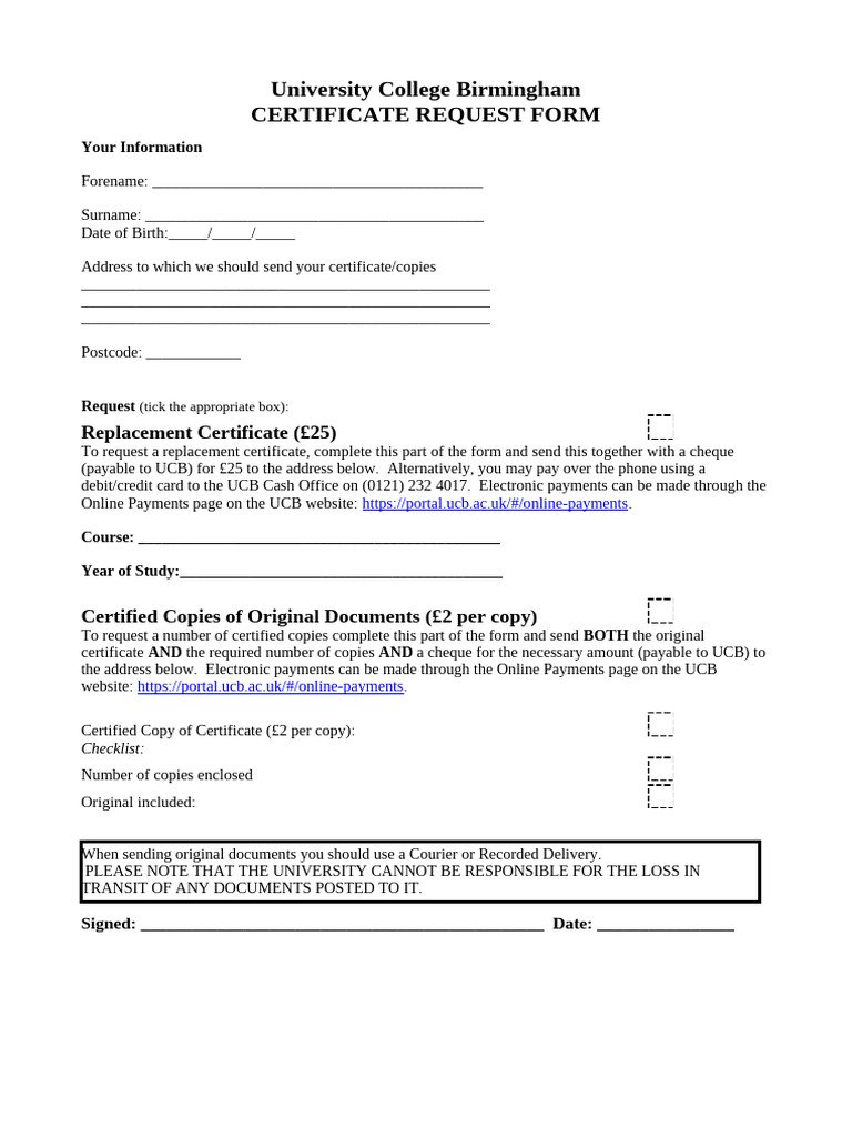 UCB Certificate Request Form Guide | PDF | Payments | Cheque