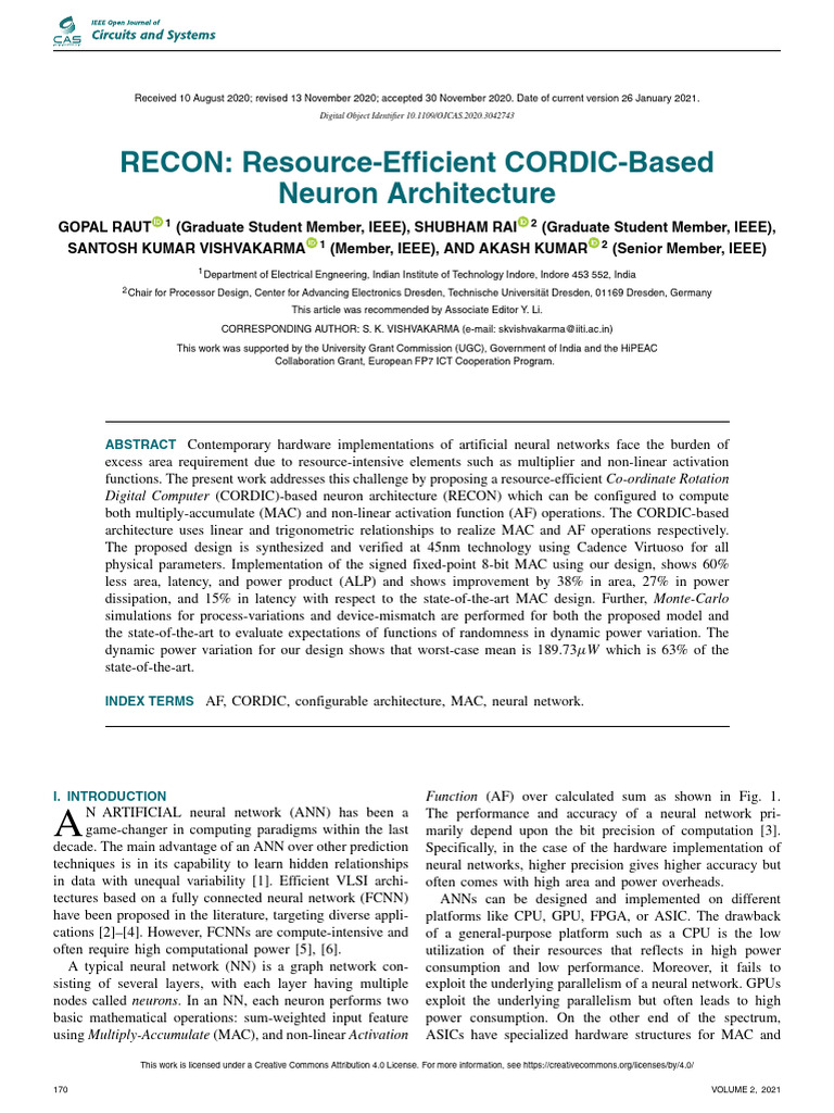 RECON Resource-Efficient CORDIC-Based Neuron Architecture | PDF | Computer Engineering | Computing