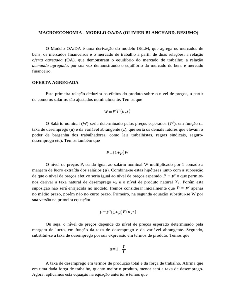 Macroeconomia - Modelo Oa - Da (Olivier Blanchard, Resumo) | PDF ...