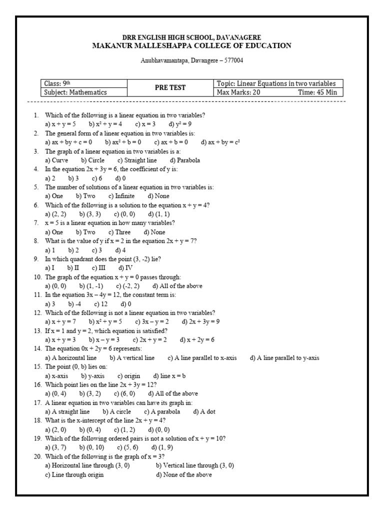 Linear Equations MCQs for Class 9 | PDF | Line (Geometry) | Equations