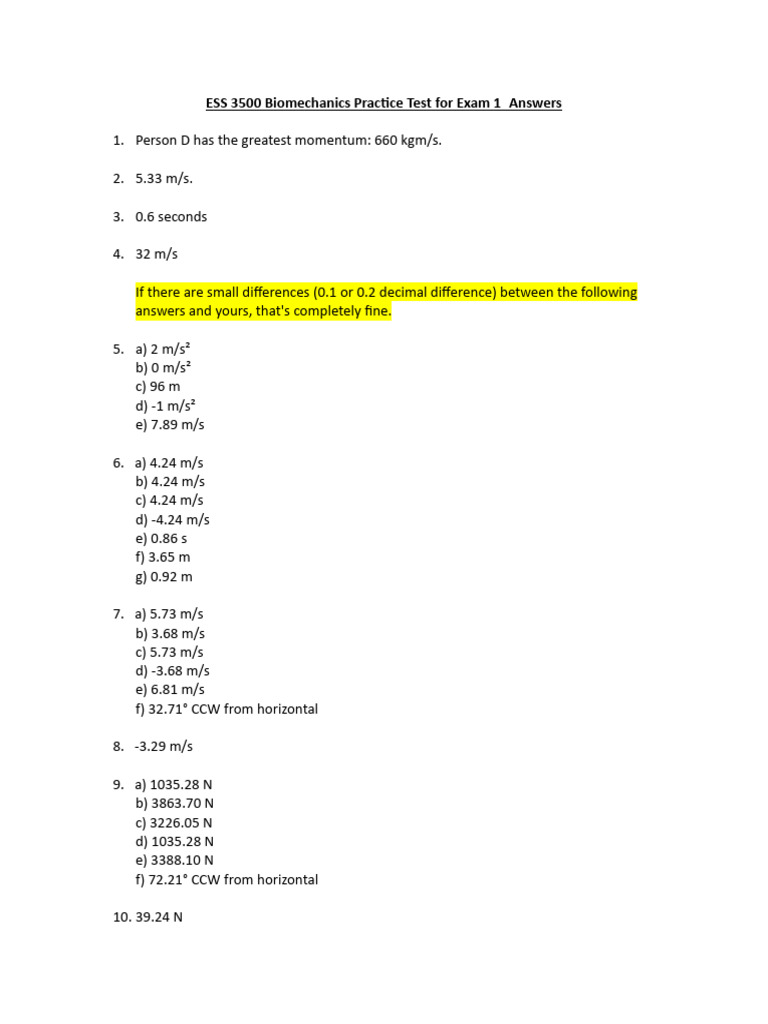 ESS 3500 Biomechanics Practice Test For Exam 1 - Final Answers Only | PDF