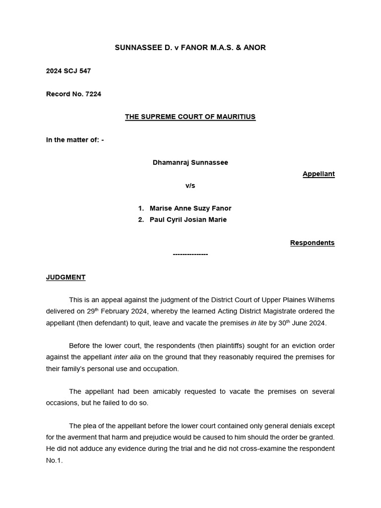 Sunnassee D V Fanor Mas Anor 2024 SCJ 547 | PDF | Barrister | Trials